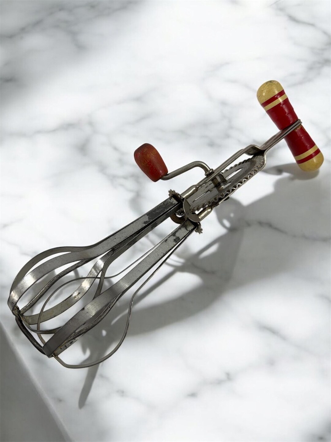 Vintage Egg Beater Hand Mixer With Red and Cream Painted Wood Handle ...