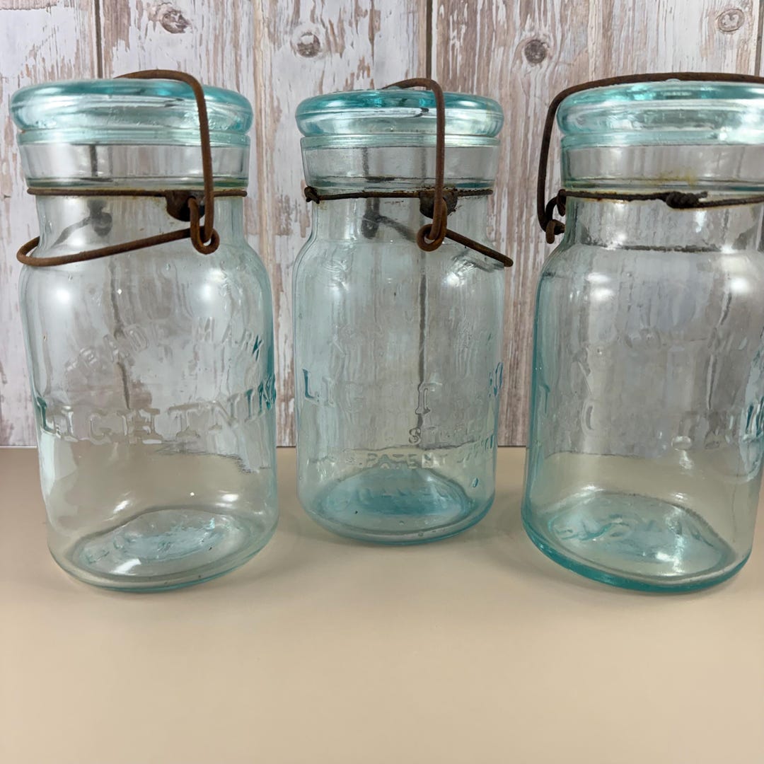 Trio of Vintage Putman Trademark Lightning Aqua Blue Pint Fruit Jars ...