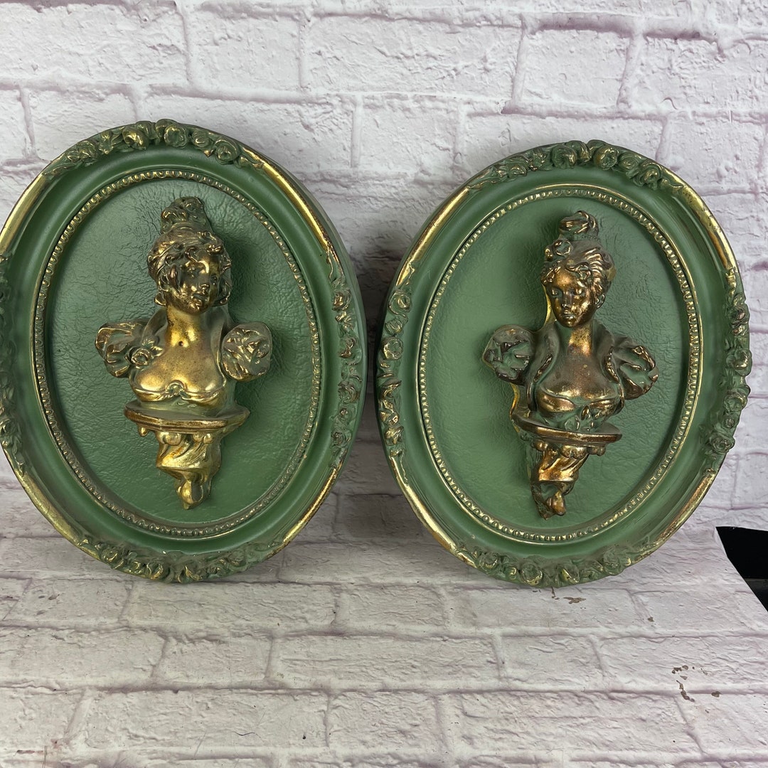 Pair of Vintage Large Green and Gold Oval Cameo Style Wall Decor ...