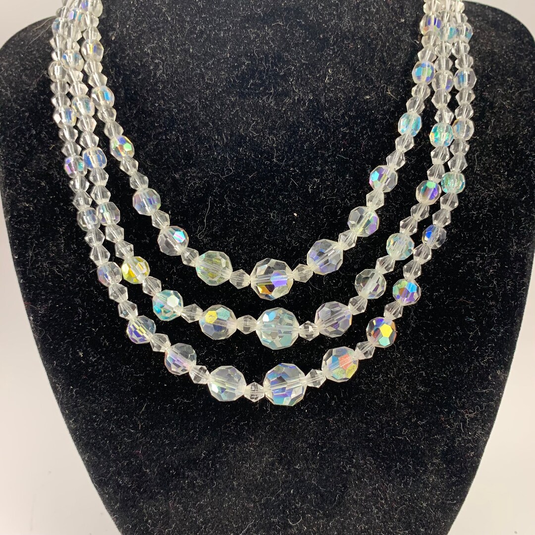 Vintage Glass 3 Strand Crystal IRREDSCENT Beaded Necklace - Etsy