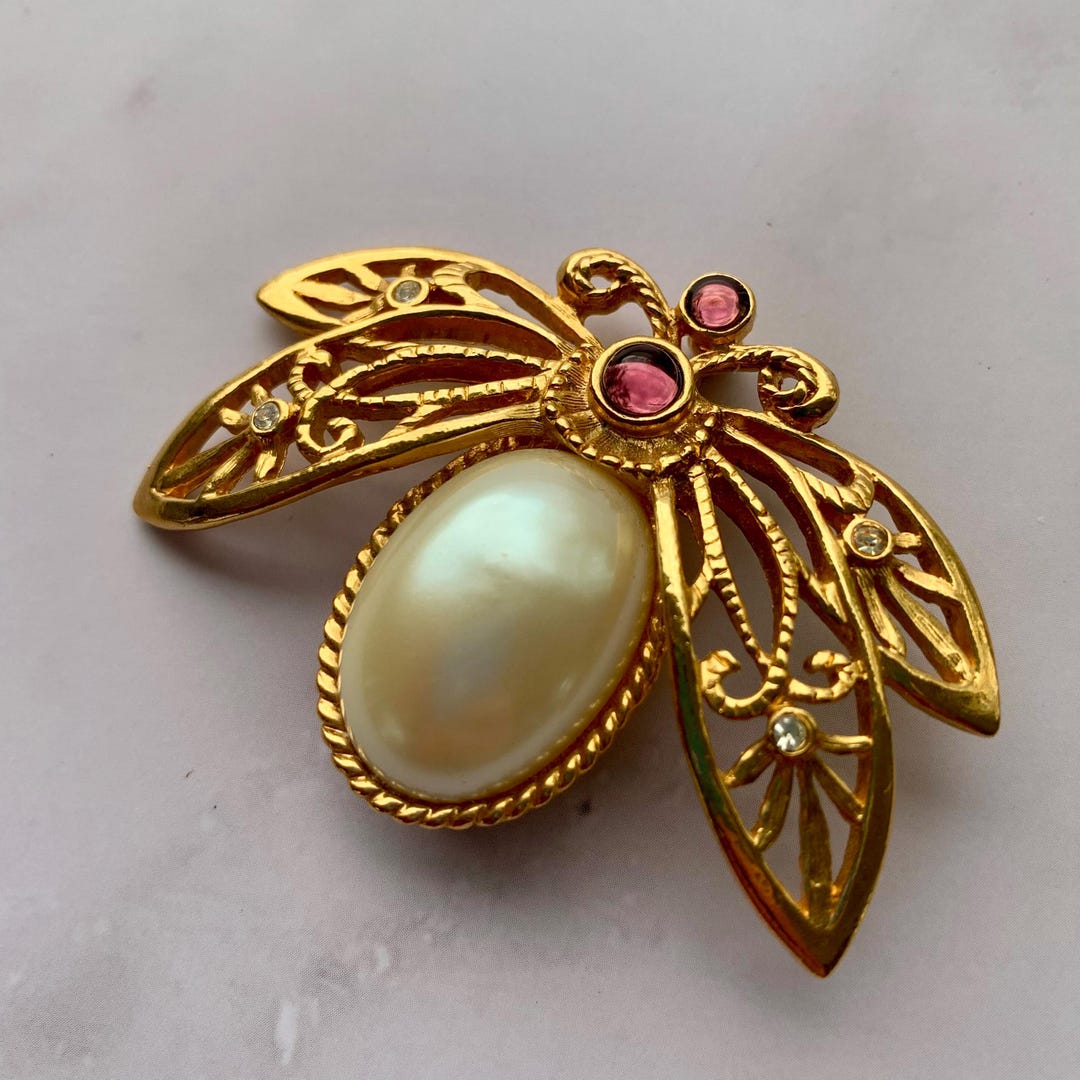 Vintage Avon Nature's Flight Bee Insect Faux Pearl and Rhinestone Gold ...