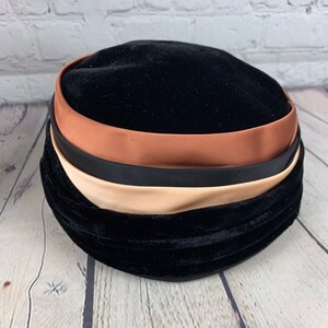 Vintage Ladies’ Black Velvet Toque Style Hat With Copper, Black and ...