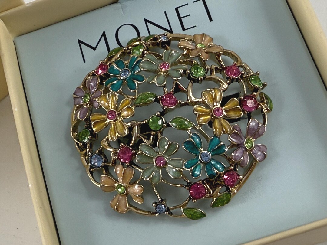 Vintage Monet Floral Brooch Pin Pastel Colors Goldtone and Enameled in ...