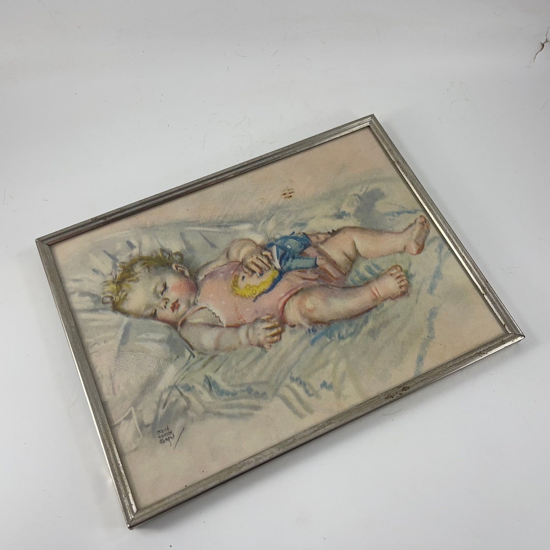 Vintage 1930's Sleeping Baby Lithograph Framed Print Maud Tousey Fangel ...