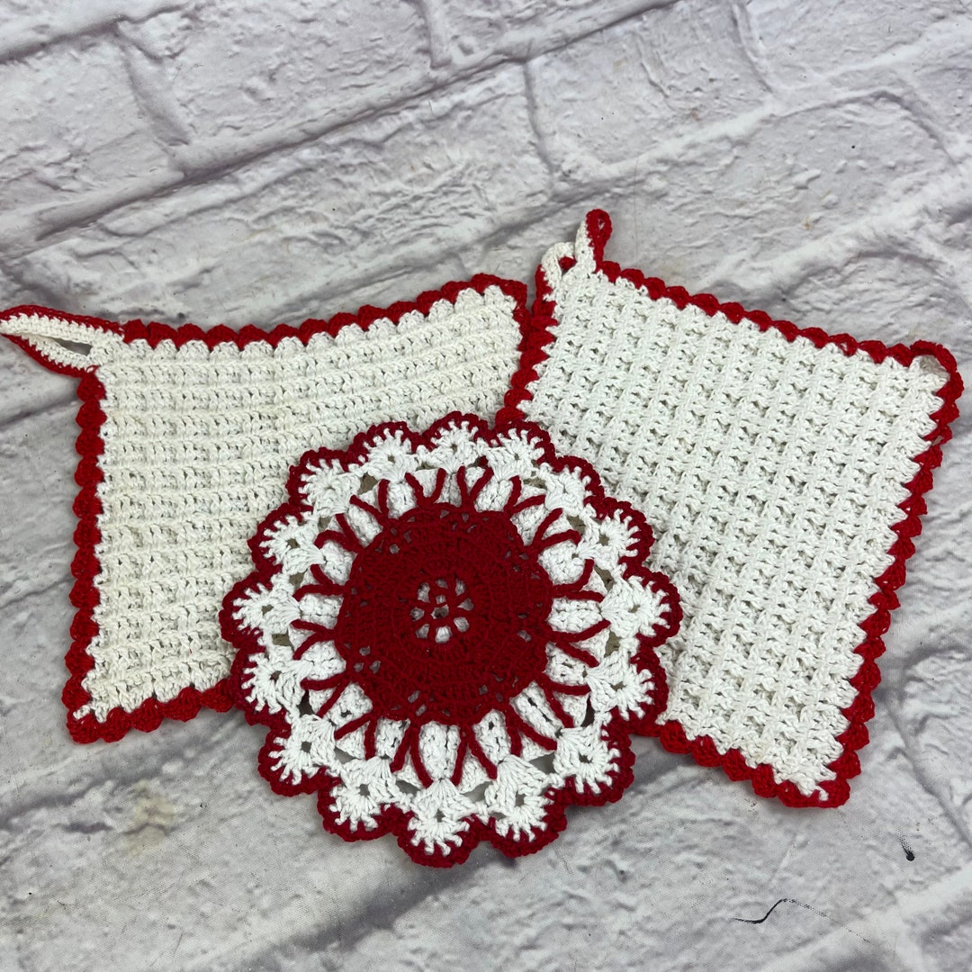 Trio of Vintage Hand Crochet Red and White Potholders - Etsy