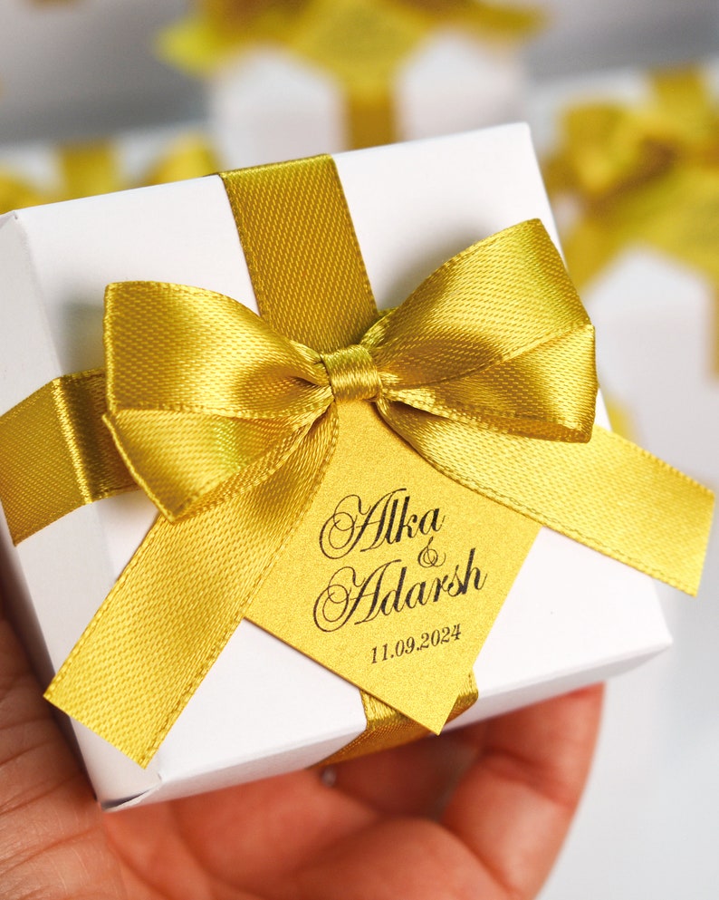 Gold Wedding Gift Box With Satin Ribbon Bow and Custom Tag, Wedding ...