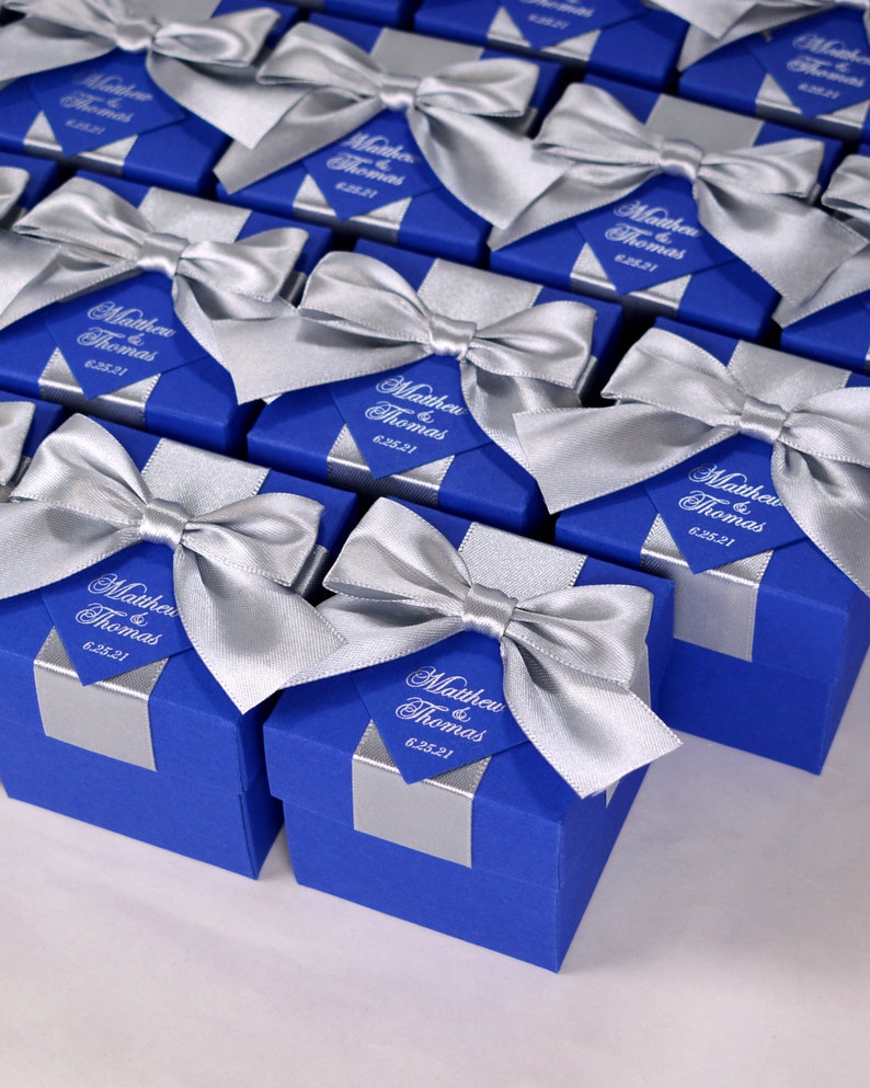 Royal Blue Wedding Favor Boxes: Silver Ribbon, Personalized Elegant ...