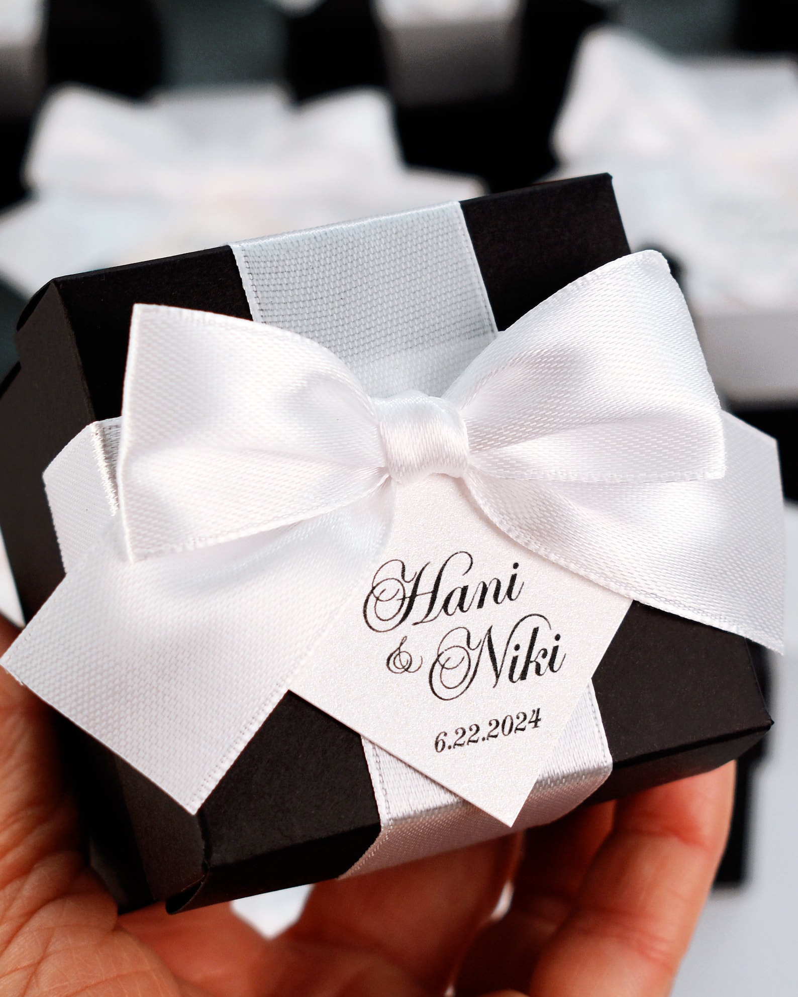 Elegant Black & White Wedding Gift Box With Satin Ribbon Bow and Custom ...