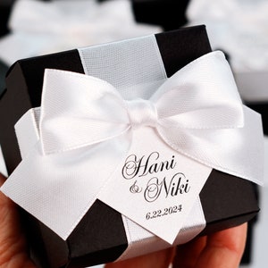 Elegant Black & White Wedding Gift Box With Satin Ribbon Bow and Custom ...