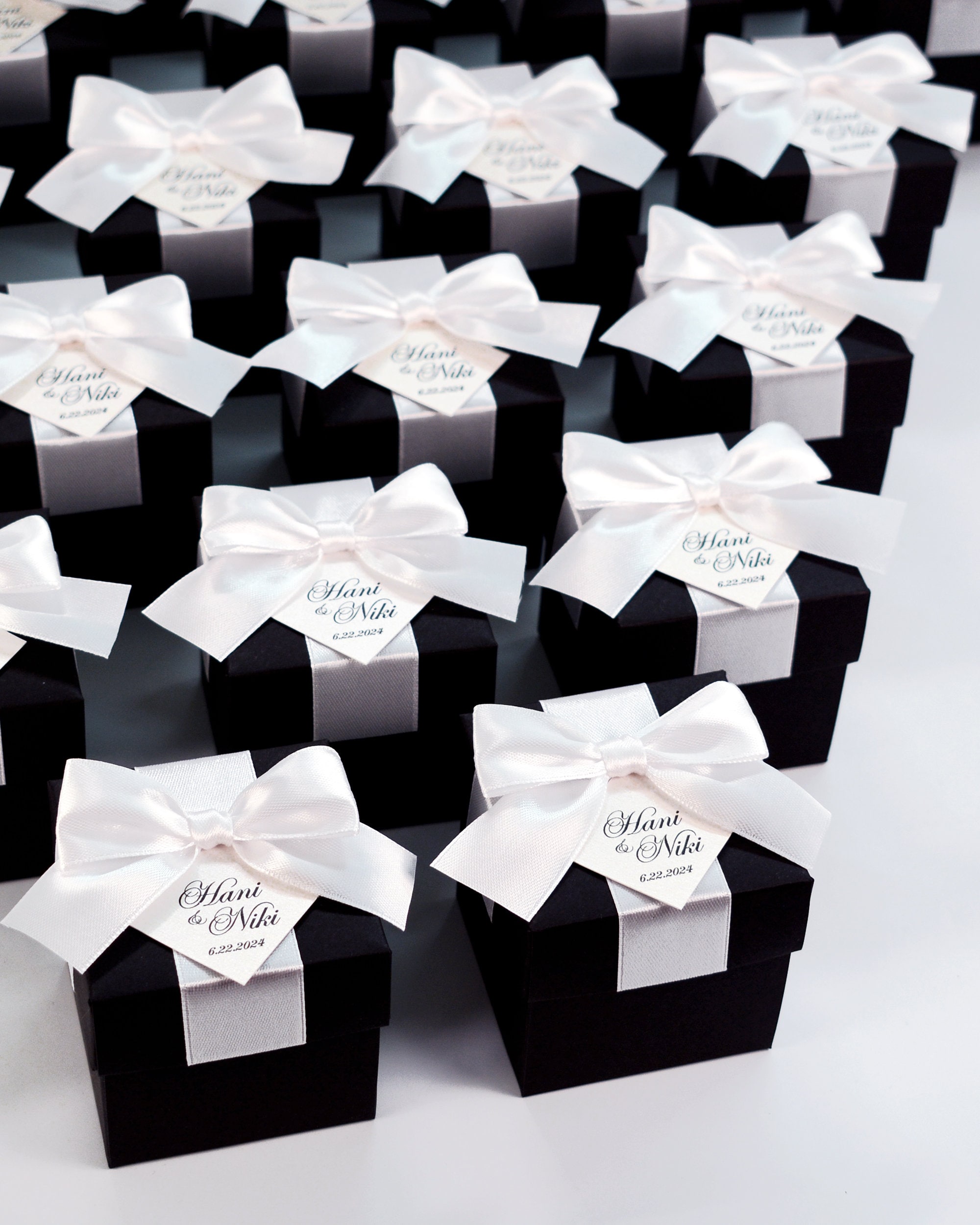 Elegant Black & White Wedding Gift Box With Satin Ribbon Bow and Custom ...