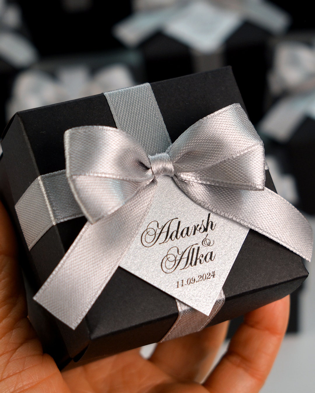 Silver Wedding Gift Box With Satin Ribbon Bow and Custom Tag, Wedding ...