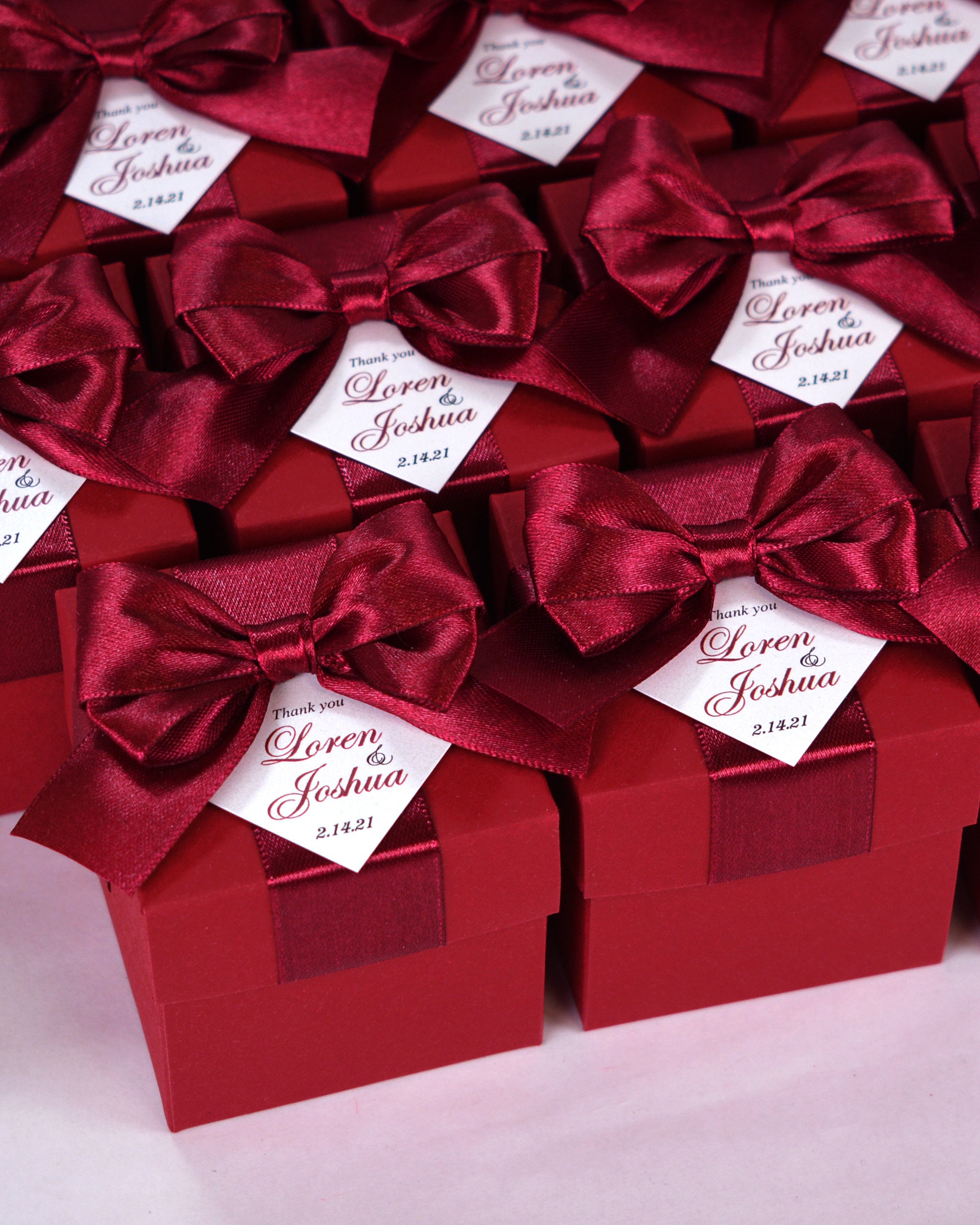 Burgundy Wedding Favor Boxes With Satin Ribbon Bow and Custom Names ...