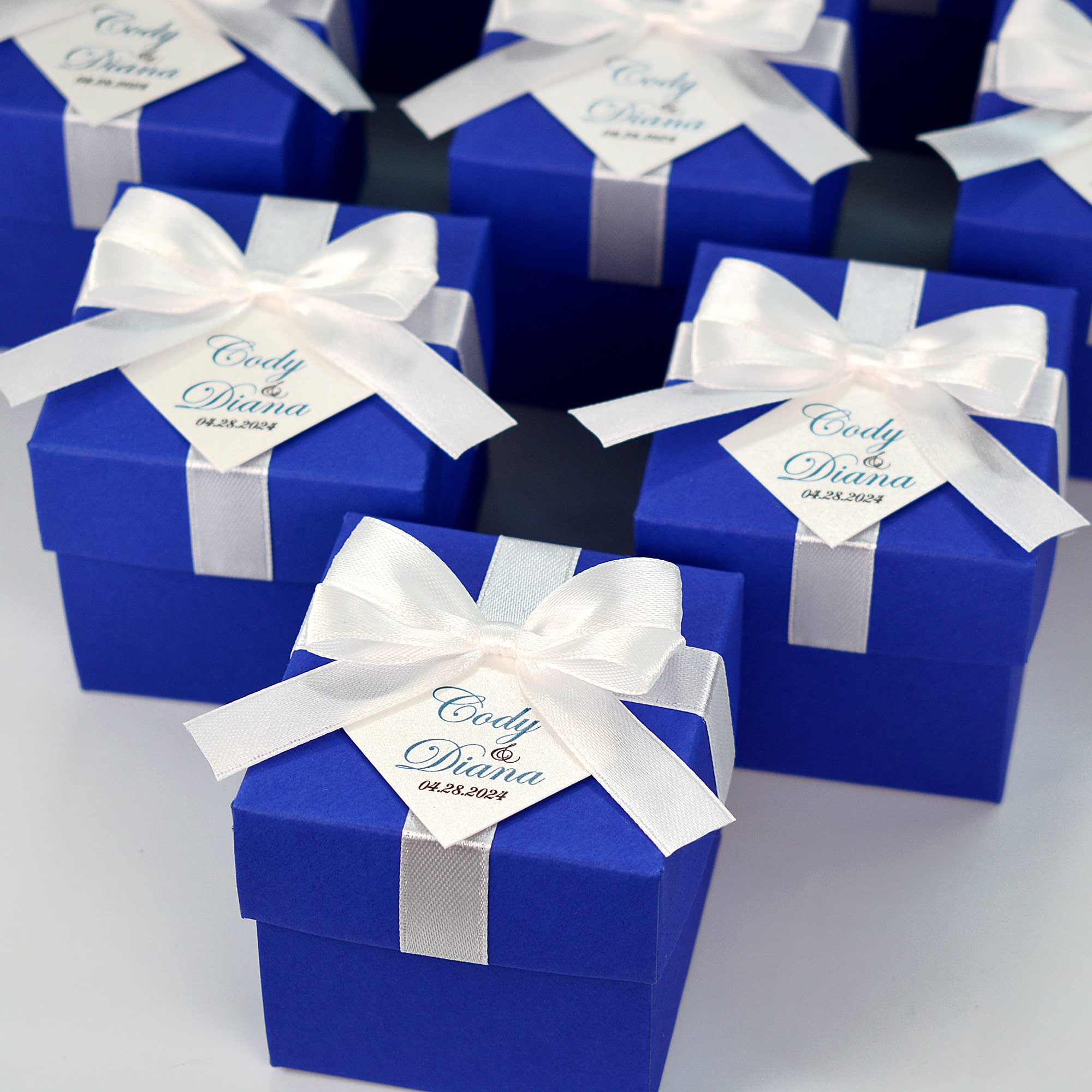 Royal Blue Wedding Favor Boxes With Satin Ribbon Bow and Custom Names ...