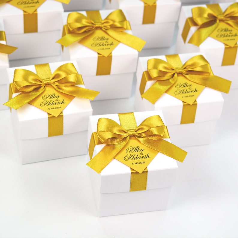Gold Wedding Gift Box With Satin Ribbon Bow and Custom Tag, Wedding ...