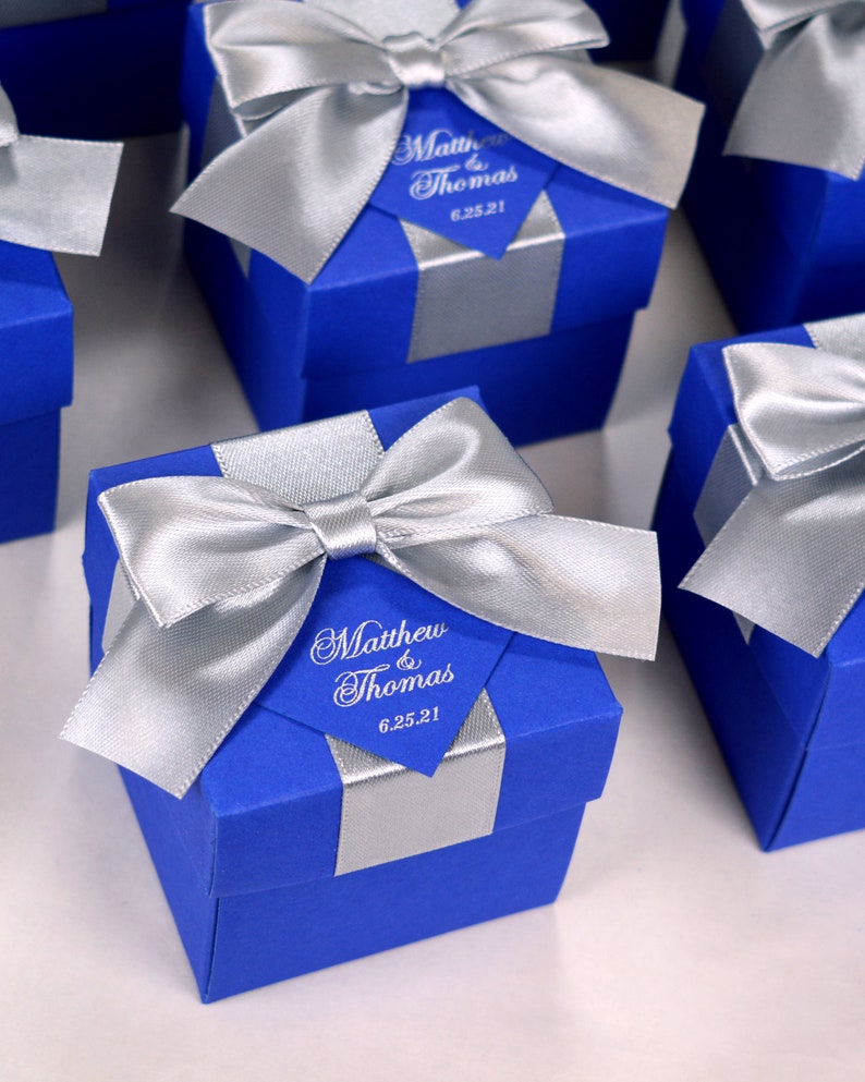 Royal Blue Wedding Favor Boxes: Silver Ribbon, Personalized Elegant ...