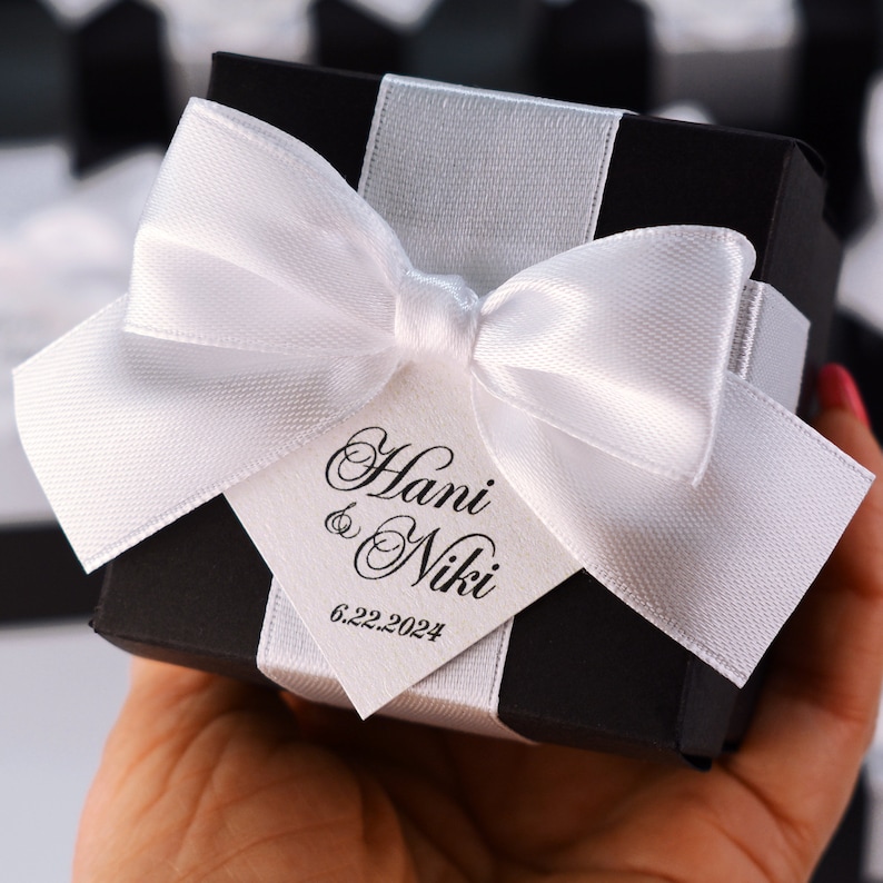 Elegant Black & White Wedding Gift Box With Satin Ribbon Bow and Custom ...