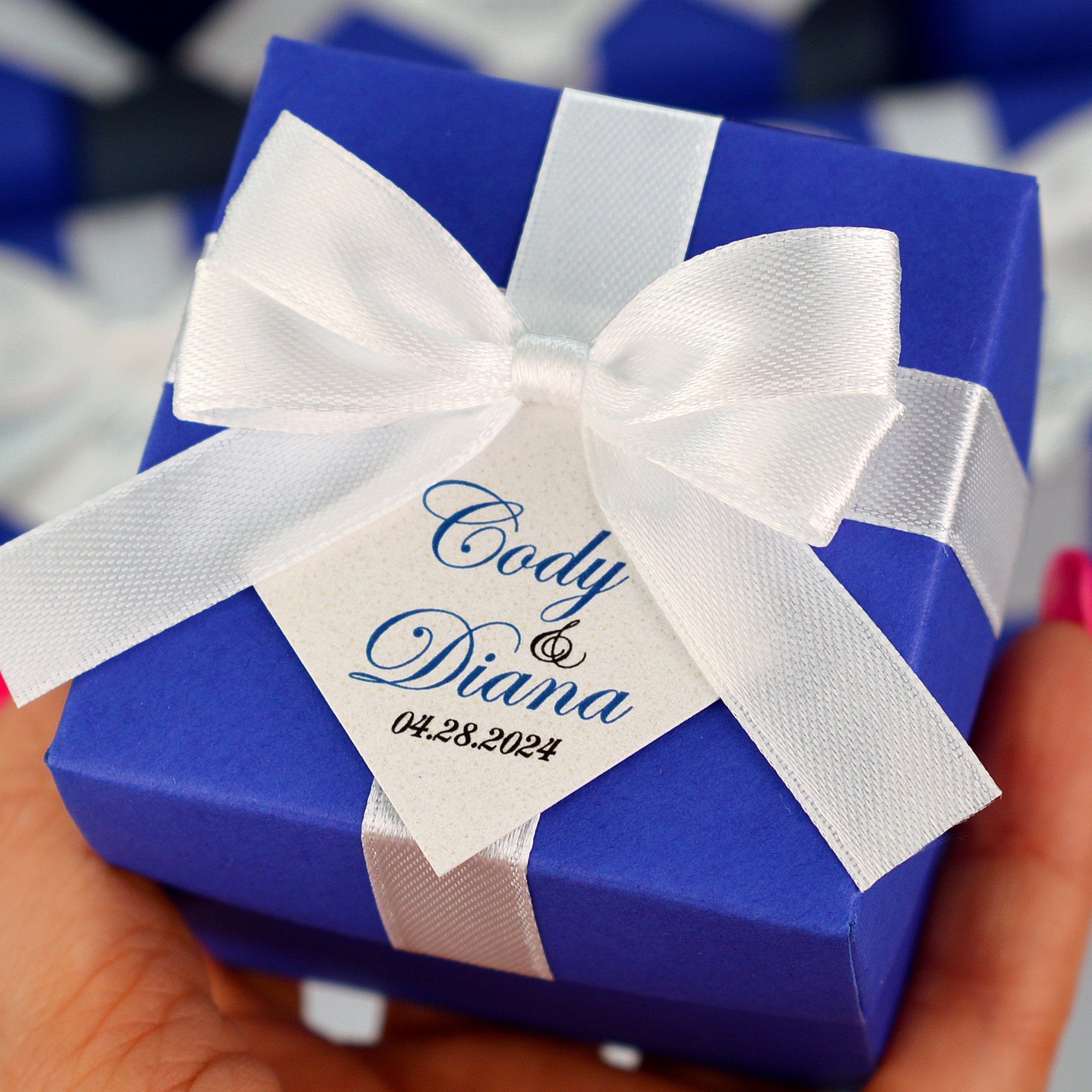 Royal Blue Wedding Favor Boxes With Satin Ribbon Bow and Custom Names ...