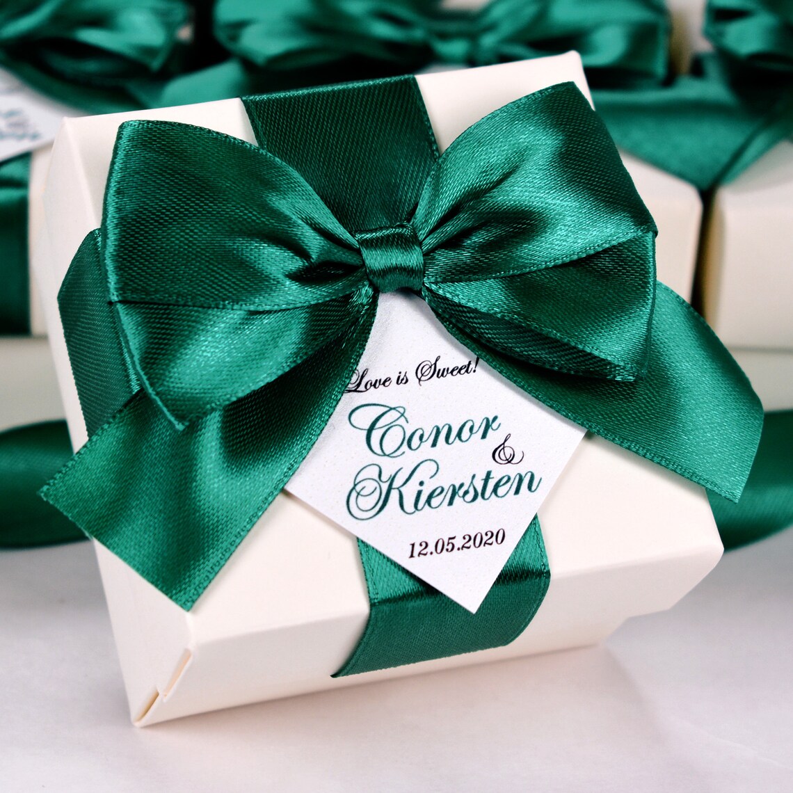 Personalized Wedding Favor Boxes With Emerald Green Satin Ribbon Bow ...