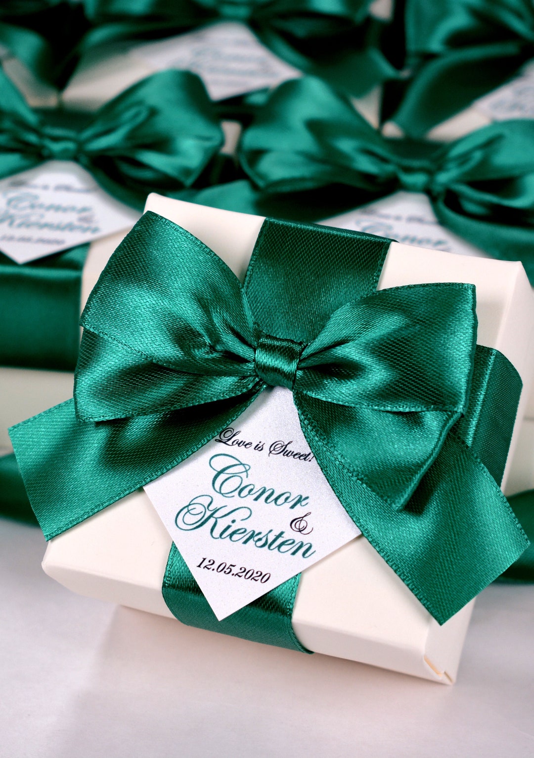 Personalized Wedding Favor Boxes With Emerald Green Satin Ribbon Bow ...
