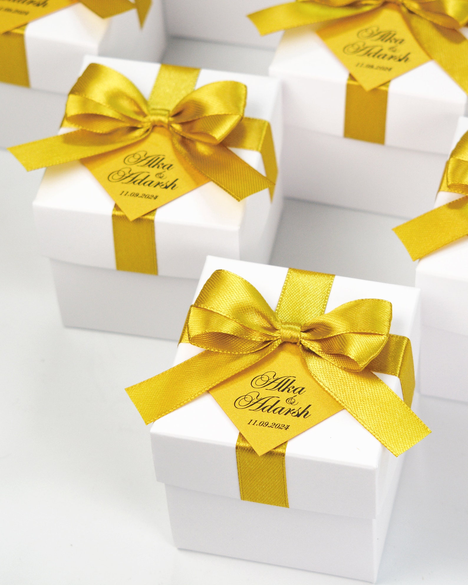 Gold Wedding Gift Box With Satin Ribbon Bow and Custom Tag, Wedding ...