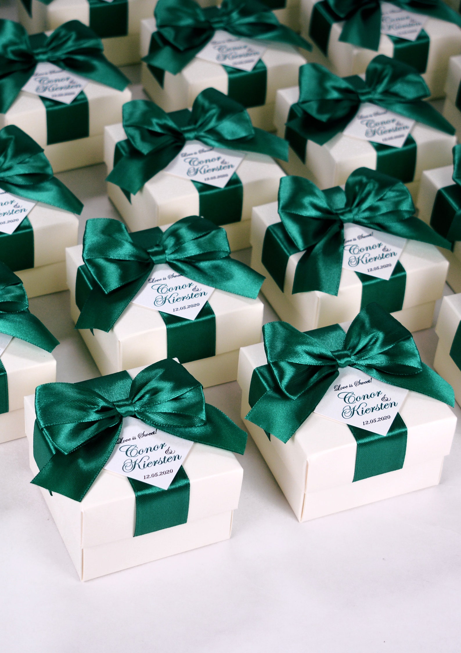 Personalized Wedding Favor Boxes With Emerald Green Satin Ribbon Bow ...
