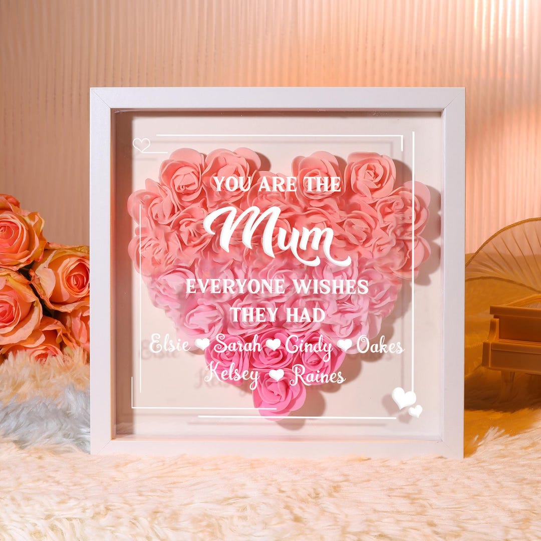 Personalized Roses Heart Shadow Box for Mom, Custom Flower Shadowbox ...