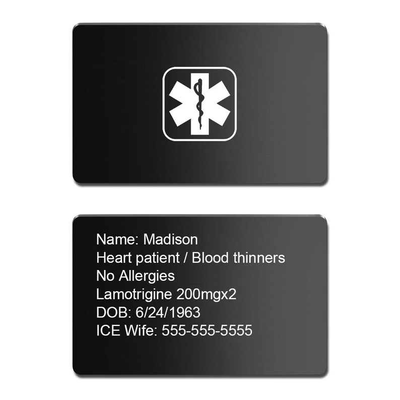 Medical ID Card for Wallet, Custom Engraved Emergency Contact Card ...