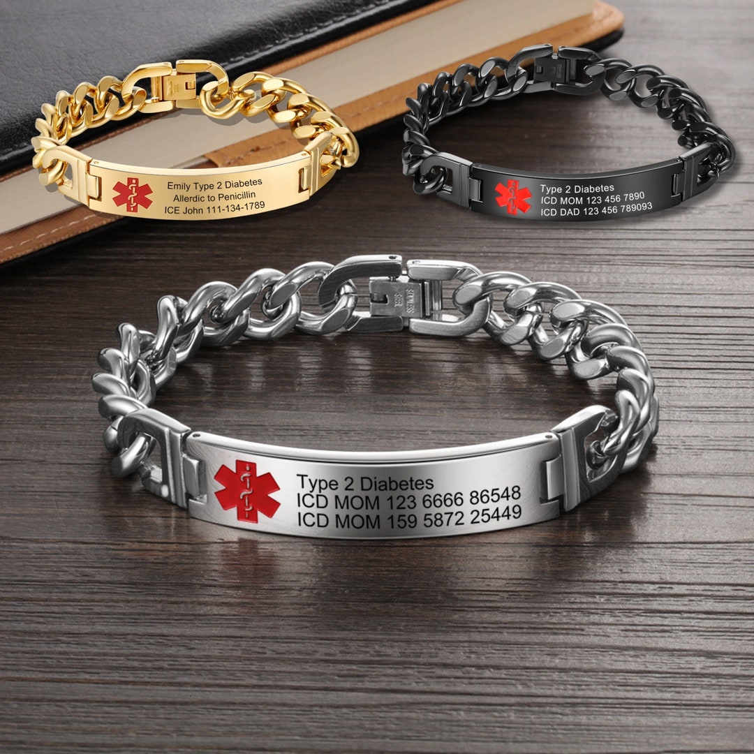 Stainless Steel Medical Alert Bracelet for Men, Custom Medical Bracelet ...