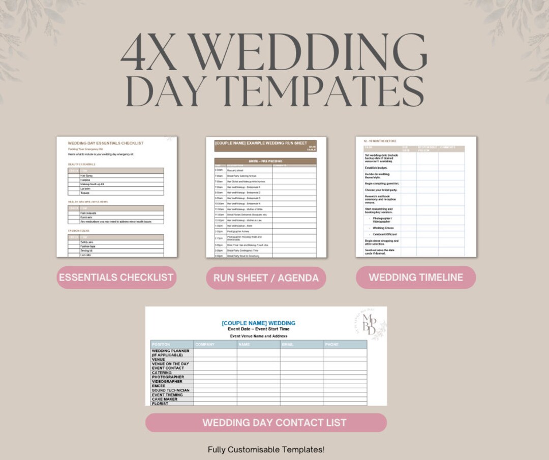 4X Wedding Day Planning Templates Organise Your Big Day Stress Free ...