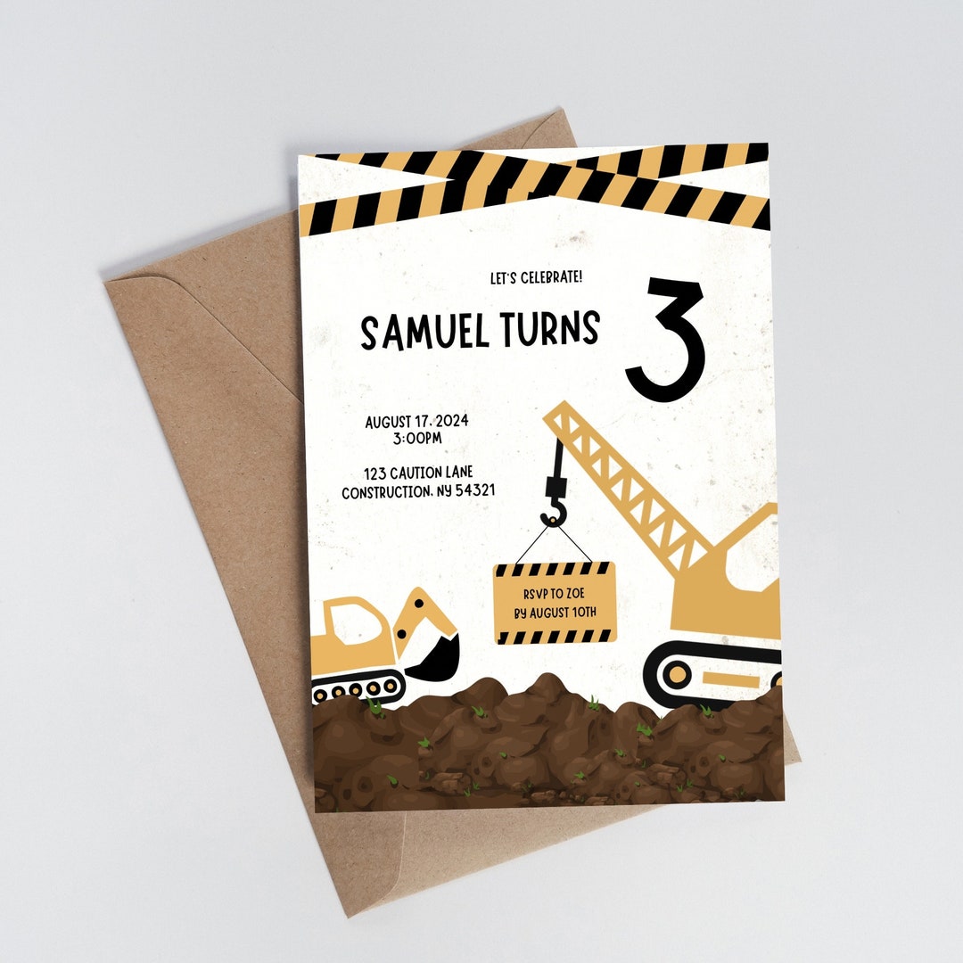 Construction Vehicles Birthday Theme Invitation, Digital Download, Boy ...