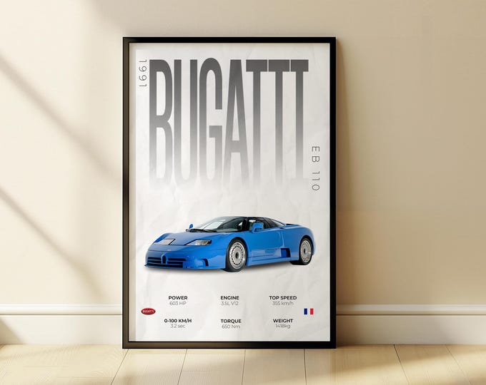 Bugatti EB 110 Poster, Car Posters, Cars, Wall Decor, Home Decor, Hyper ...