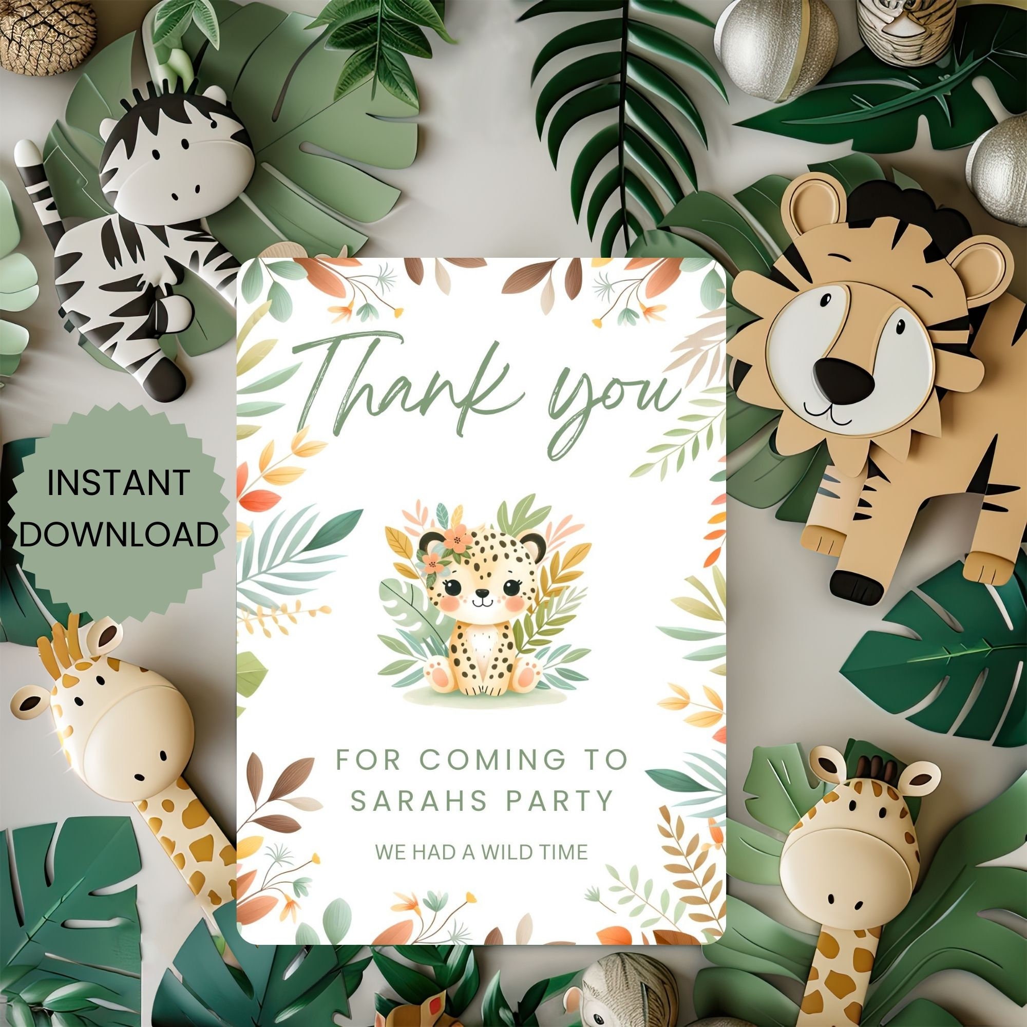Editable Safari Theme Thank You Card for Girls Age 1-10, Canva Template ...