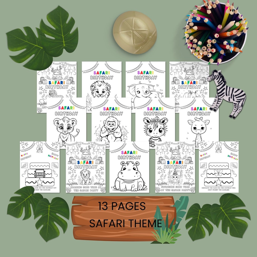 Safari Theme Kids Colouring Pages, Birthday Party Activity, Instant ...