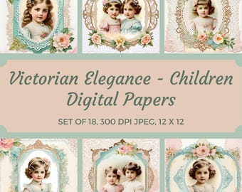Vintage Style Digital Papers, Victorian Children, Lace Borders & Floral ...