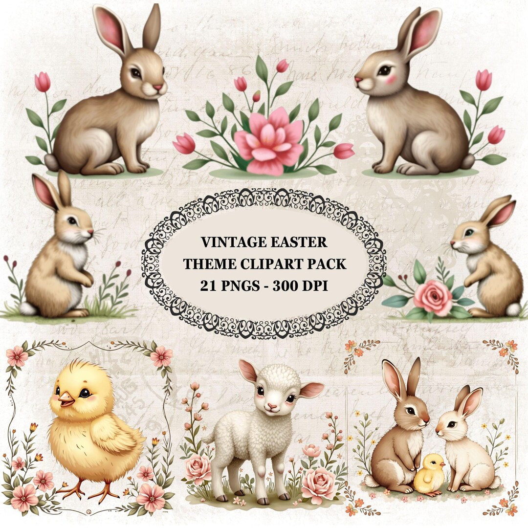 Vintage Easter Clipart, Easter Chicks, Bunnies and Lambs, Florals, Egg ...