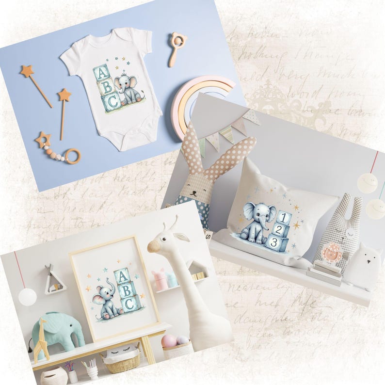 Watercolor Baby Elephant Clipart, Cute Baby Animal PNG, Watercolour ABC ...