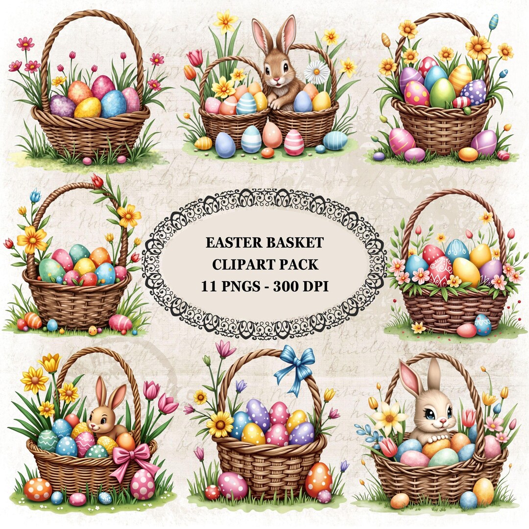 Easter Basket Clipart, Easter Eggs, Spring Florals, Easter Bunny, DIY ...