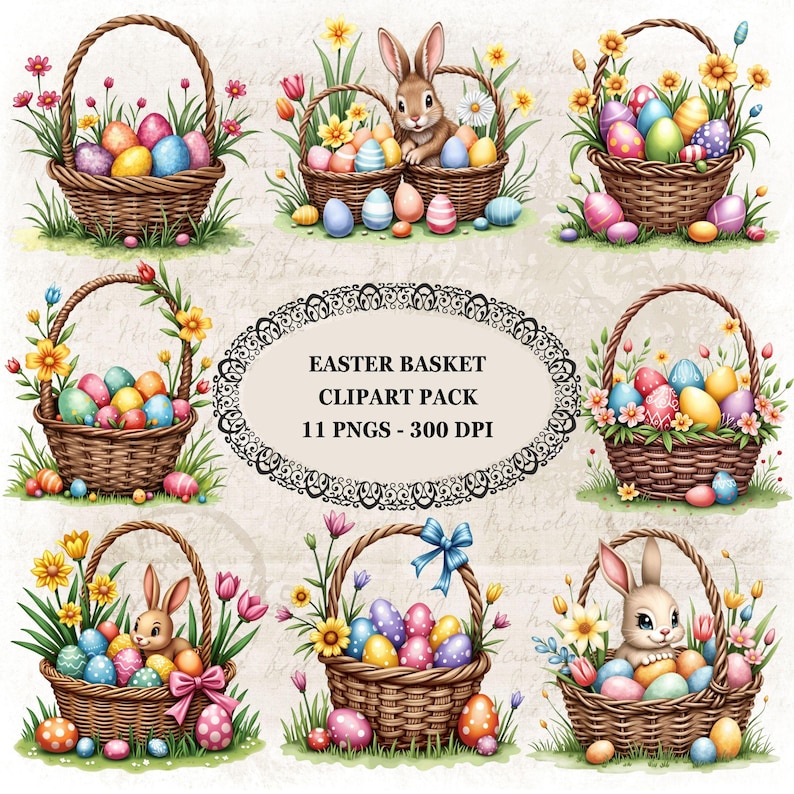 Easter Basket Clipart, Easter Eggs, Spring Florals, Easter Bunny, DIY ...
