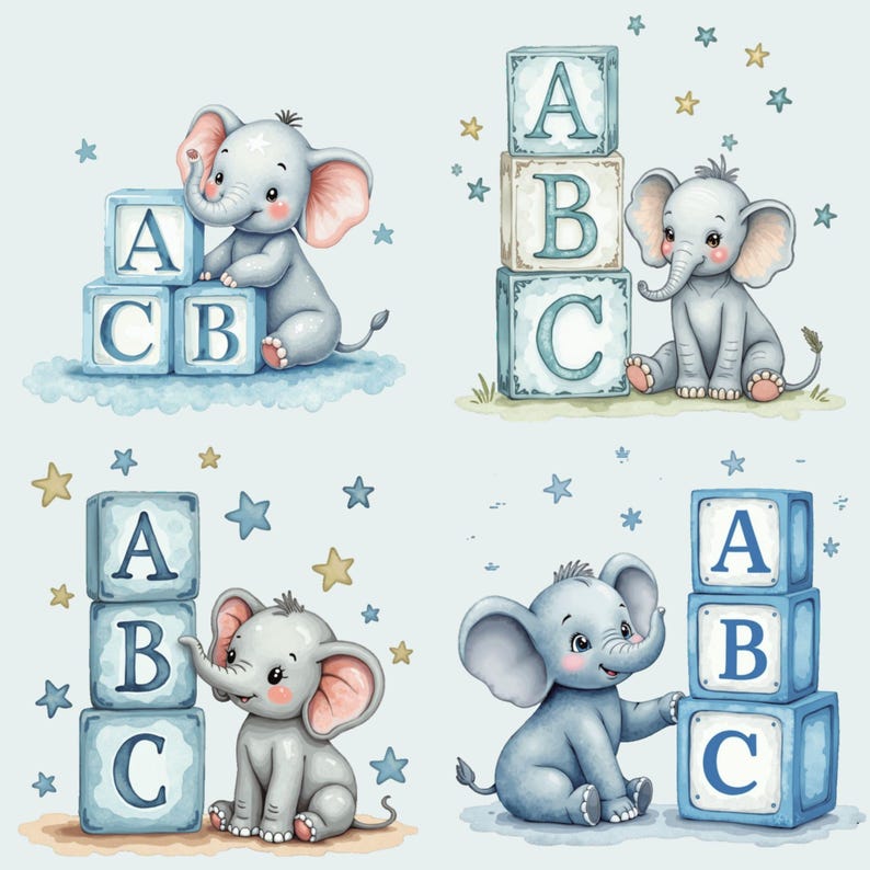 Watercolor Baby Elephant Clipart, Cute Baby Animal PNG, Watercolour ABC ...