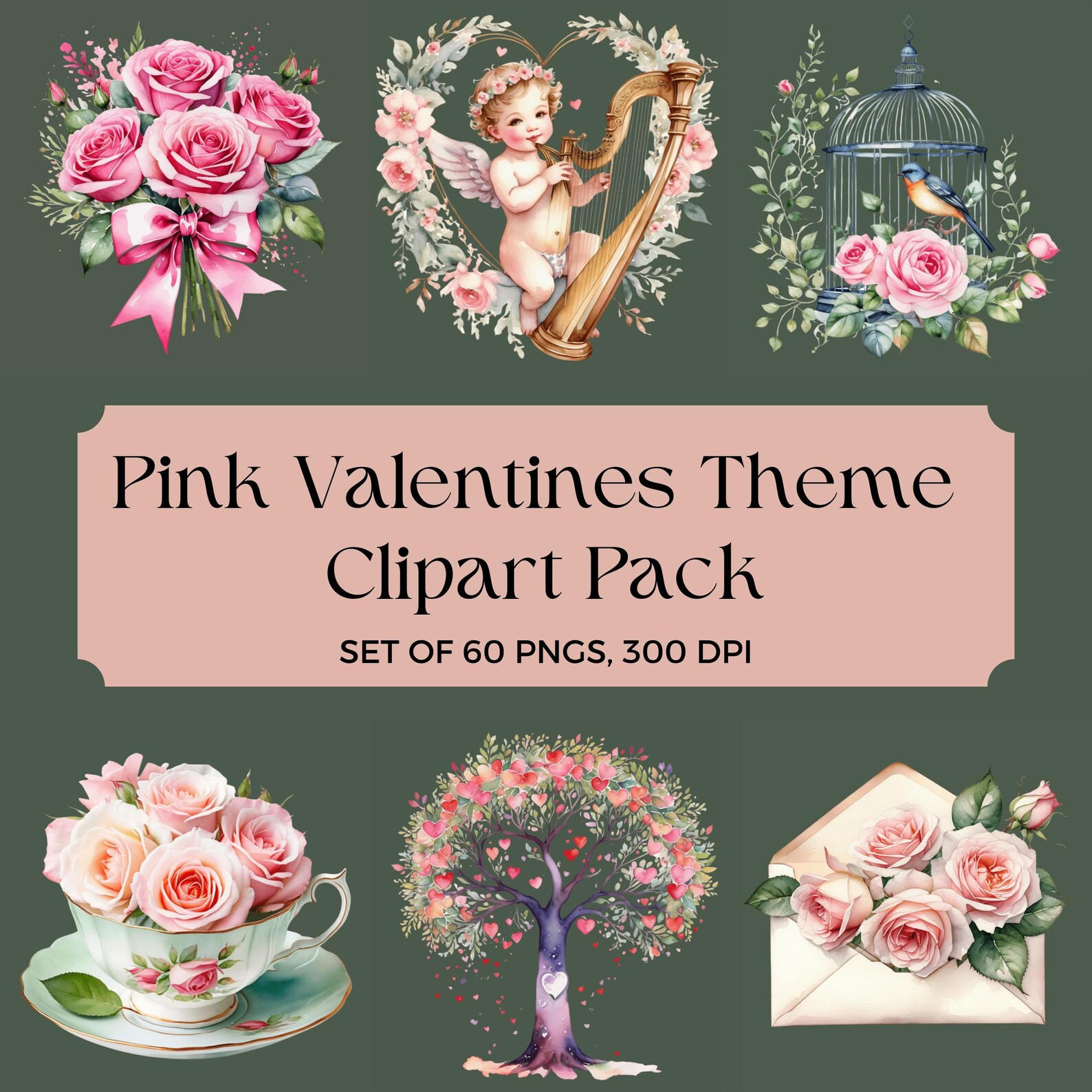 Pink Valentine's Day Clipart Pack Floral Hearts, Pink Flowers, Cherubs ...