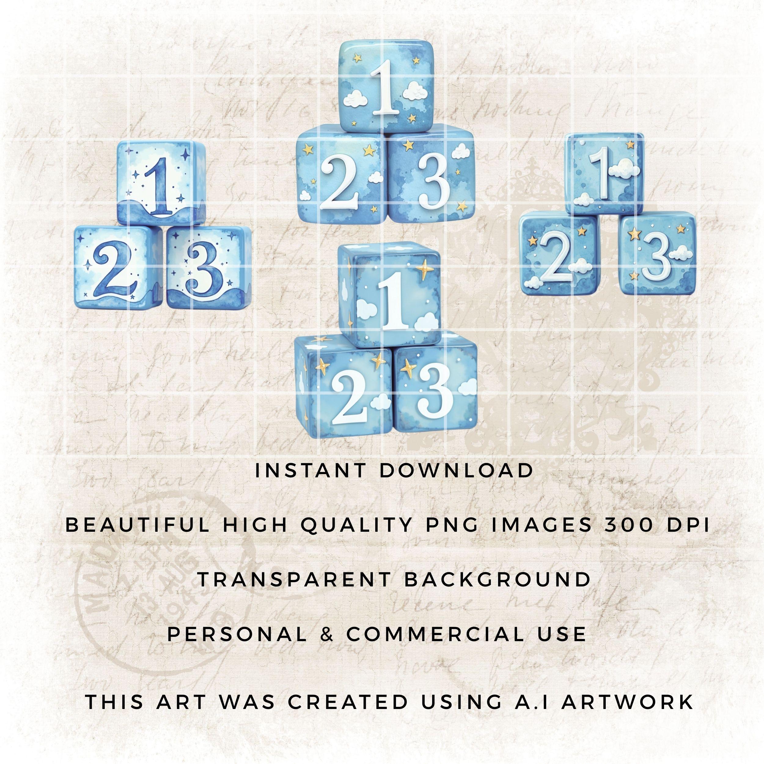 Blue Watercolor Baby Blocks Clipart, ABC and 123 Clip Art, Sun Moon ...