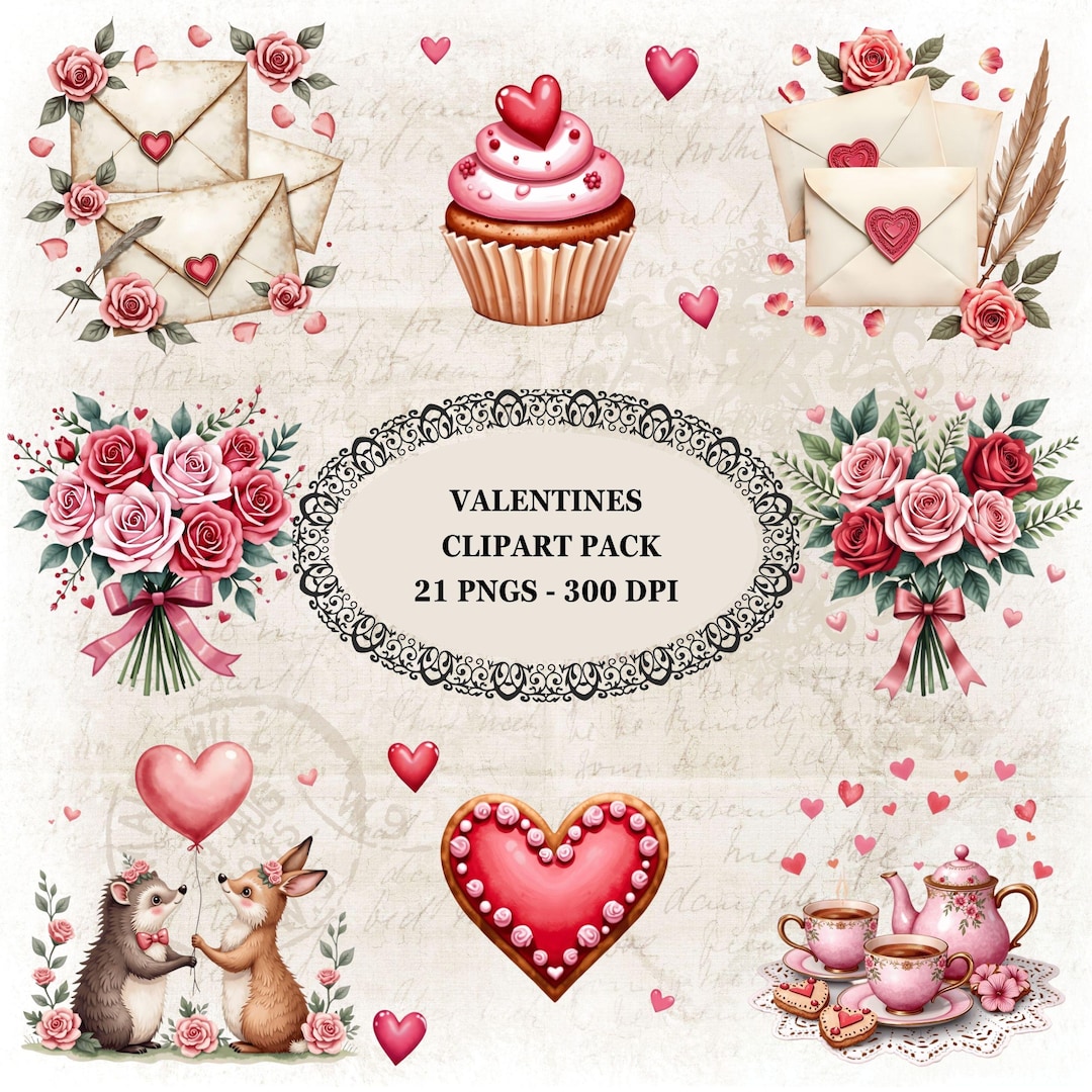Valentine's Day Clipart Pack, Floral Bouquets, Sweet Treats, Tea Sets ...