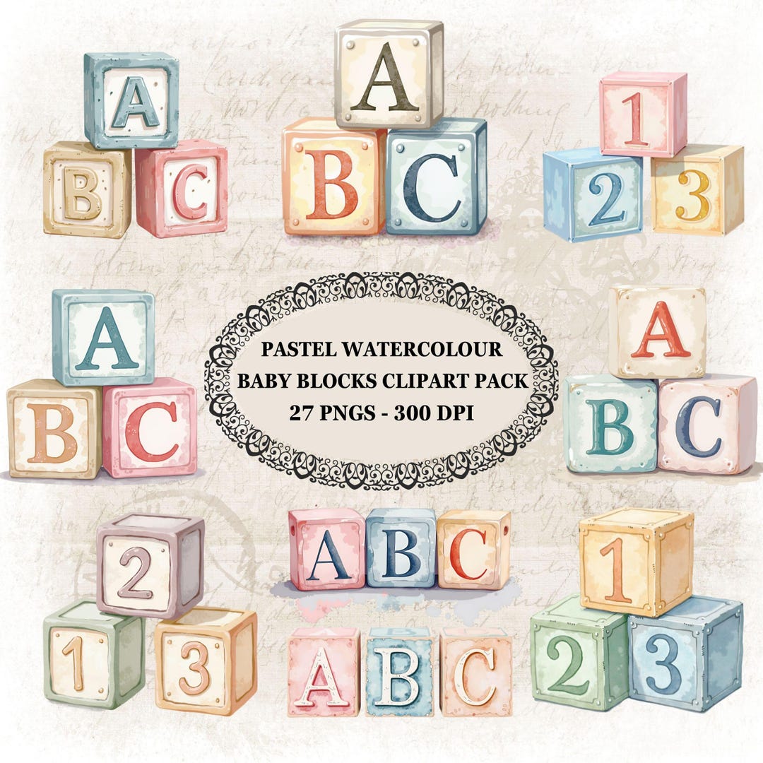 Pastel Watercolor Baby Blocks Clipart, ABC 123 Nursery Art, Baby Shower ...