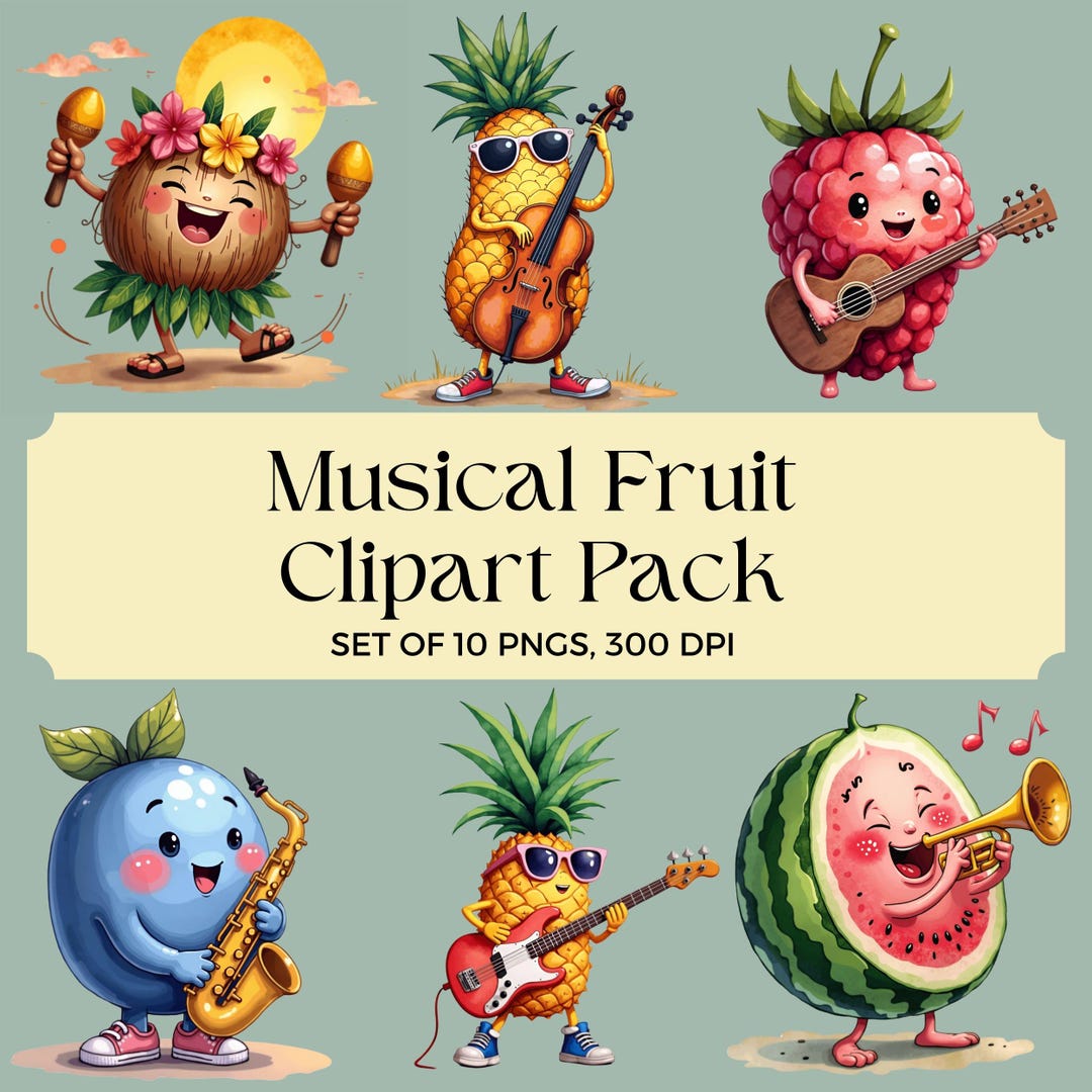 Musical Fruit Clipart Pack, Cute Fruits Playing Instruments, Drums ...
