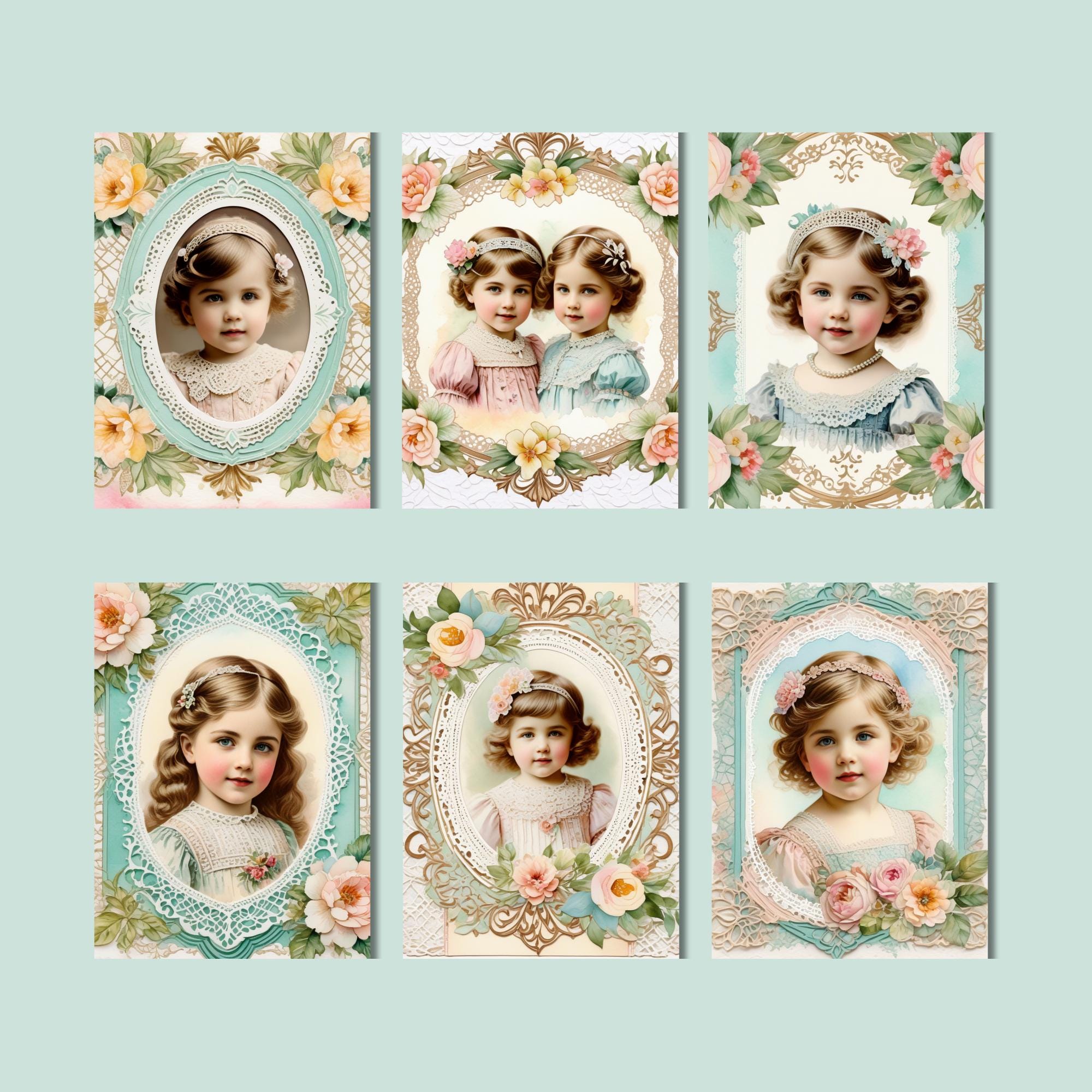 Vintage Style Digital Papers, Victorian Children, Lace Borders & Floral ...