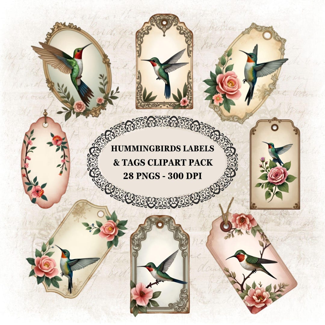 Vintage Hummingbird Clipart, Junk Journal Tags & Labels, Hummingbirds ...