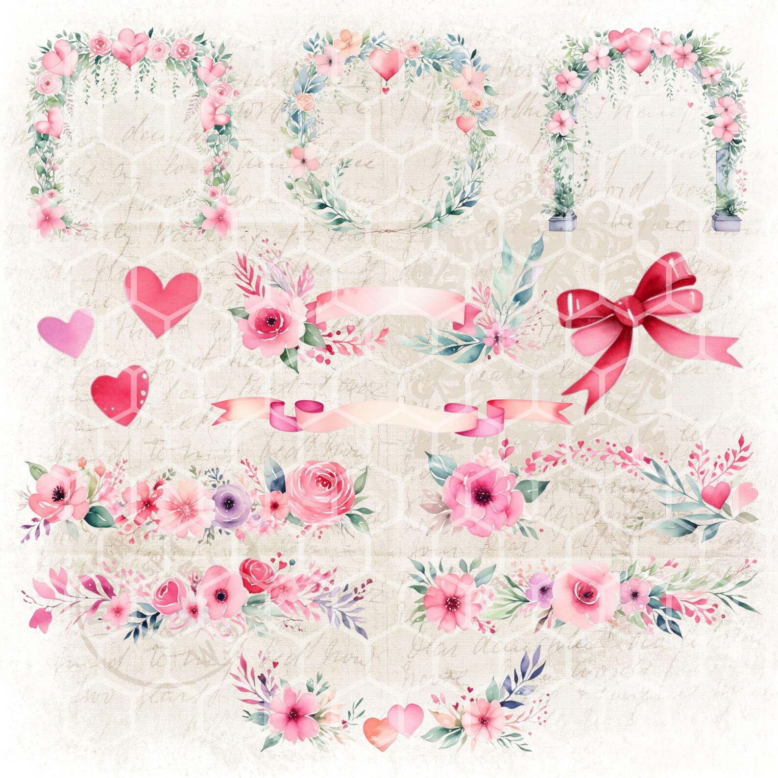 Pink Valentine's Day Clipart Pack, Floral Hearts, Pink Flowers, Cherubs ...