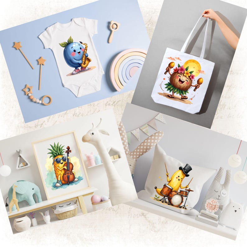 Musical Fruit Clipart Pack, Cute Fruits Playing Instruments, Drums ...