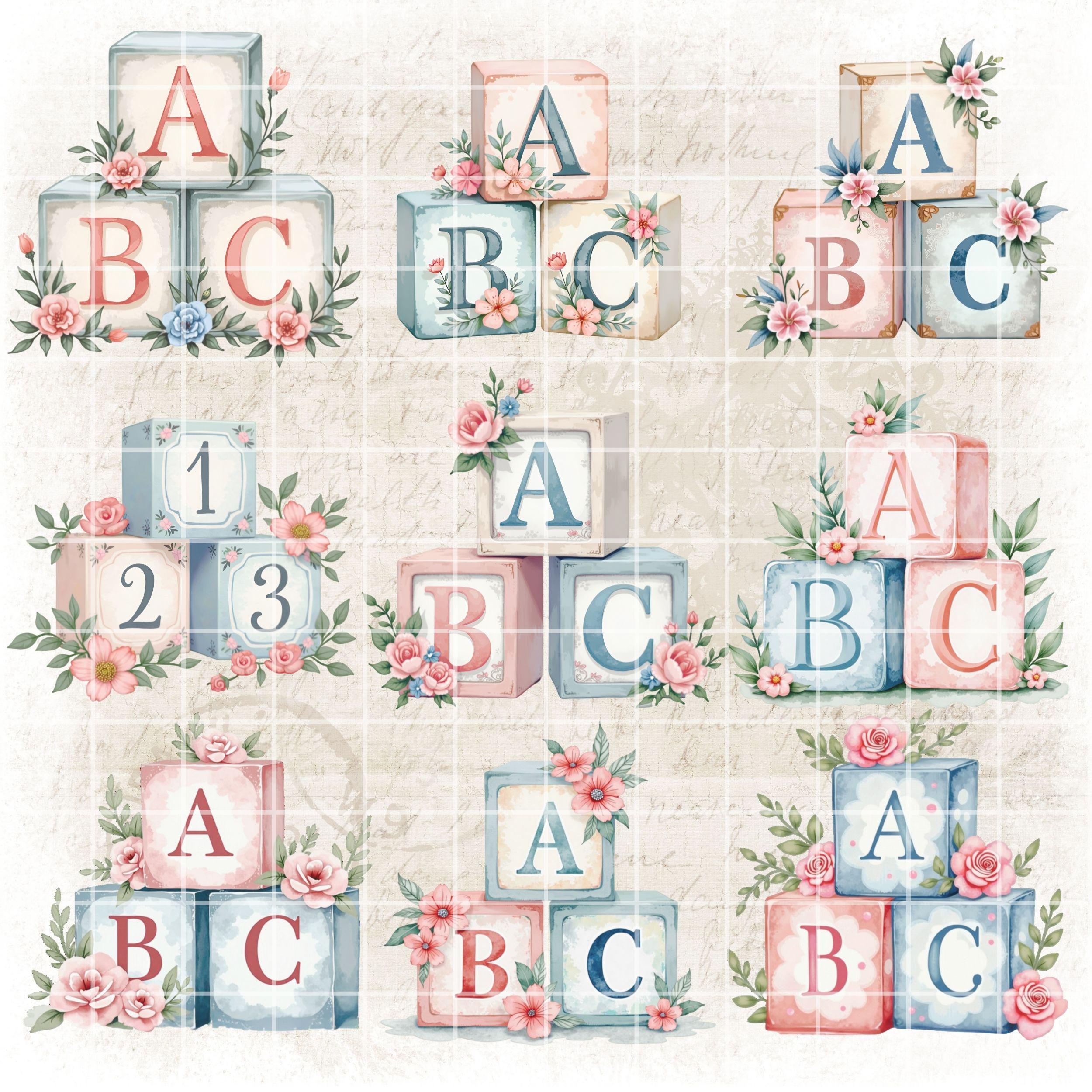 Watercolor Baby Blocks Clipart, Floral Alphabet and Numbers PNG, Baby ...