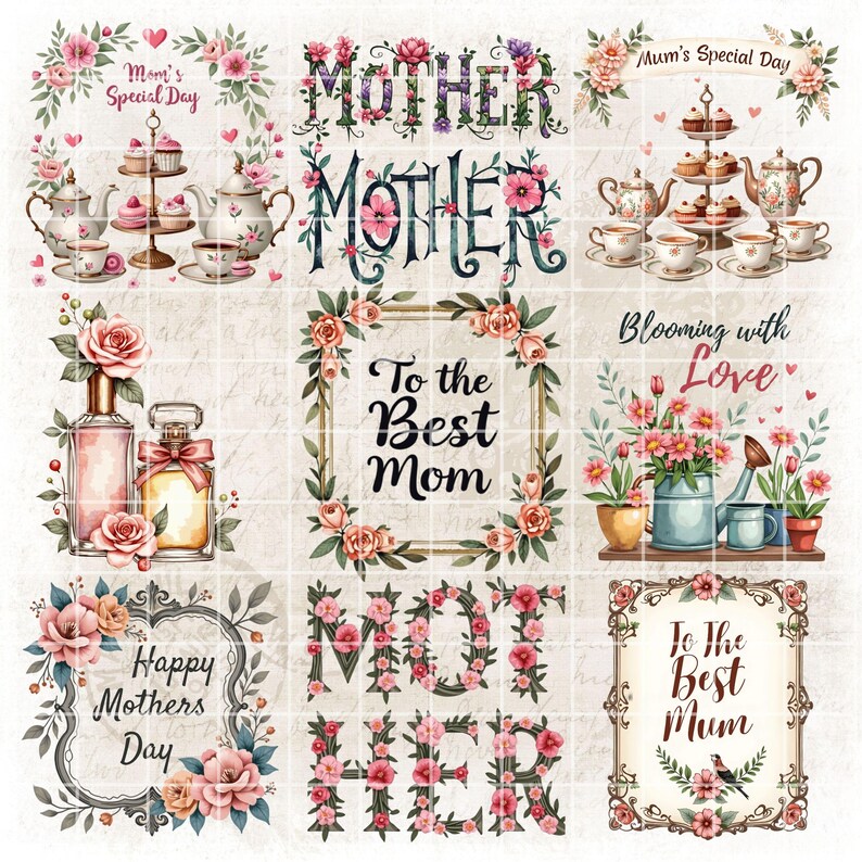 Vintage Mother’s Day Clipart, Floral Tea Sets, Bouquets, Banners ...